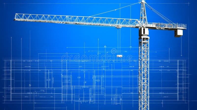 Graphite Flat Design Blueprint with Construction Crane and Hard Hat and ...