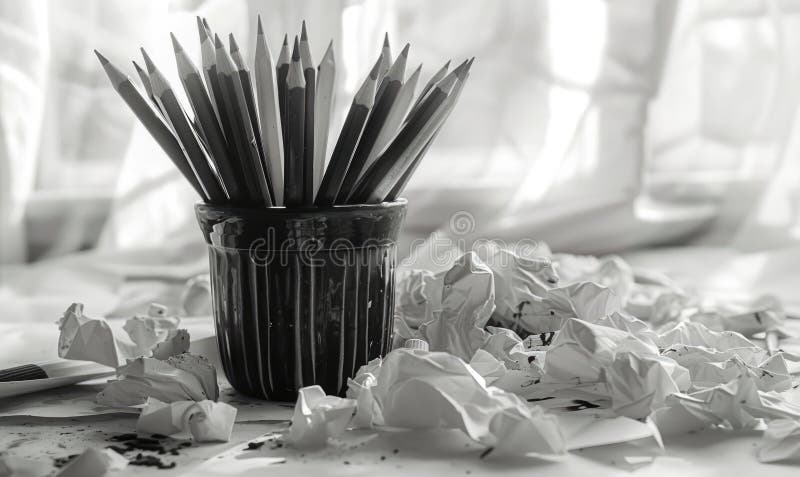 Graphite Pencils Arranged in a Cup on a Desk, Surrounded by Crumpled ...
