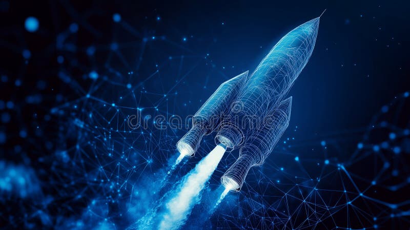Graphite Rocket Launch Concept, Blue Geometric Background, Wireframe ...