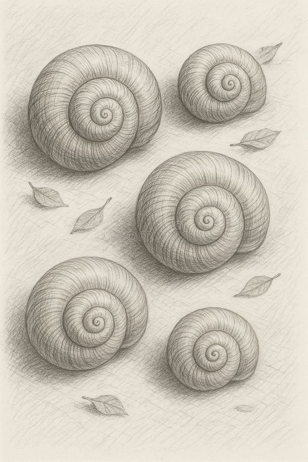 Graphite Sketch of Spiral Snail Shells and Fallen Leaves Stock ...