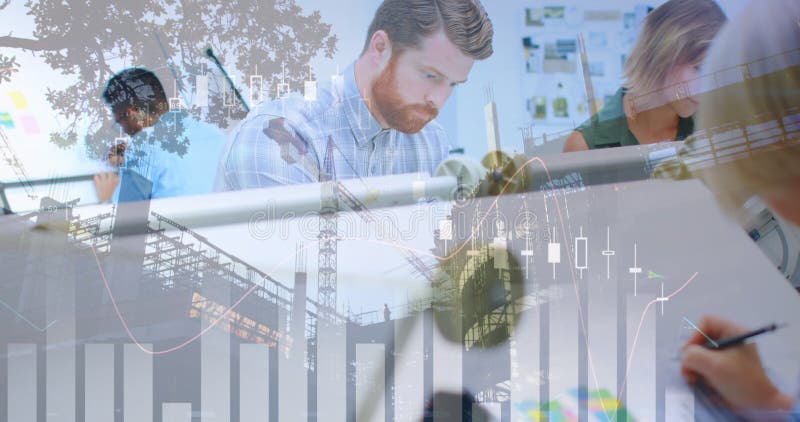 Graphs and Architects Drawing in an Office and a Building in ...