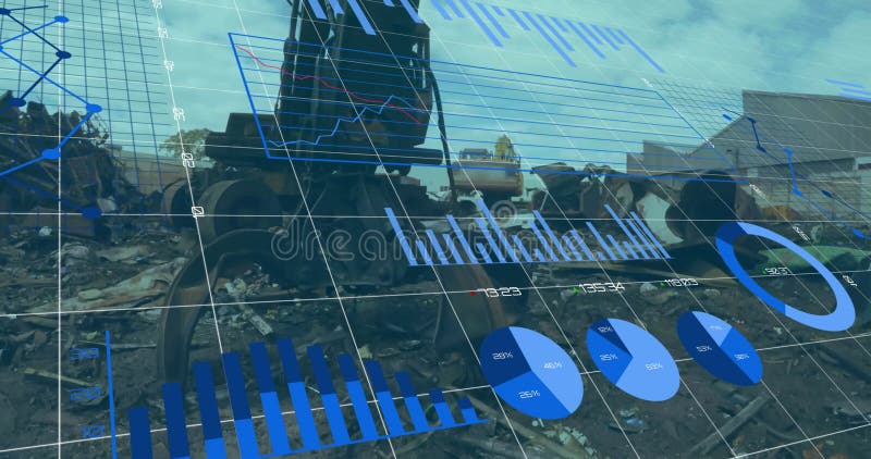 Graphs and Charts Animation Over Industrial Machinery in Scrapyard ...