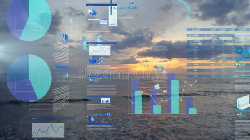 Graphs and Charts Animation Over Ocean Sunset Scene Stock Video - Video ...
