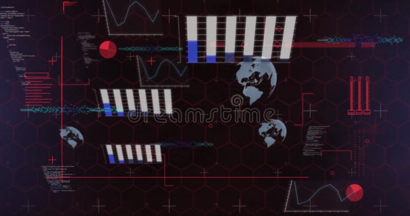 Graphs and Charts Animation Over World Map on Hexagonal Patterned Background Stock Footage ...