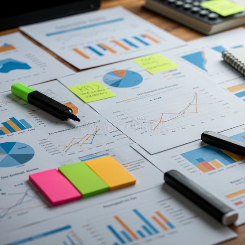 Graphs, Charts, and Colorful Post-it Notes Cover a Wooden Desk ...