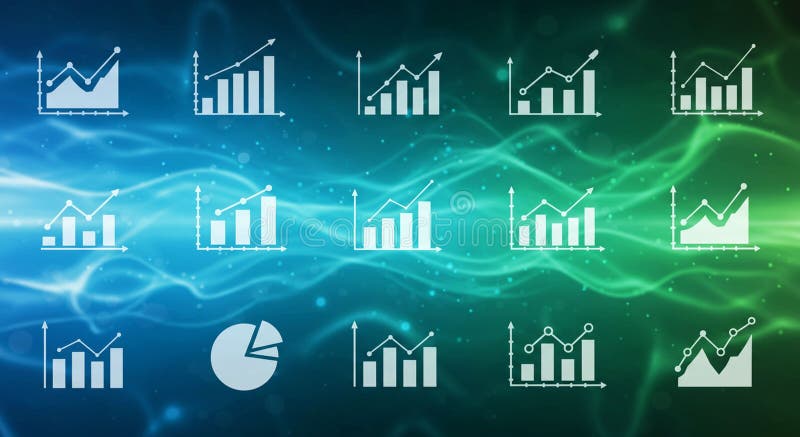 Graphs and Charts are Displayed Against a Dynamic Blue-green Wavy ...