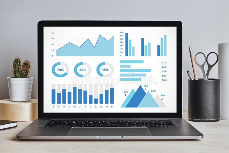 Graphs and Charts Elements on Laptop Screen on Modern Desk Stock Image ...