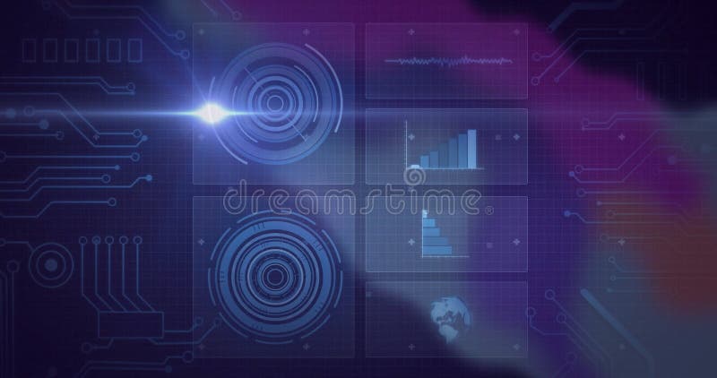 Graphs and Circular Patterns Over Digital Interface with Futuristic Animation Background Stock ...