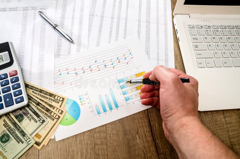 Graphs Statistics Money Laptop Calculator Stock Photo - Image of ...