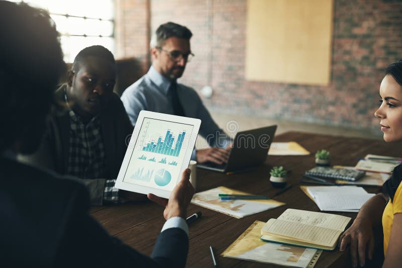 Graphs, Tablet or Business People in Meeting, Discussion or ...
