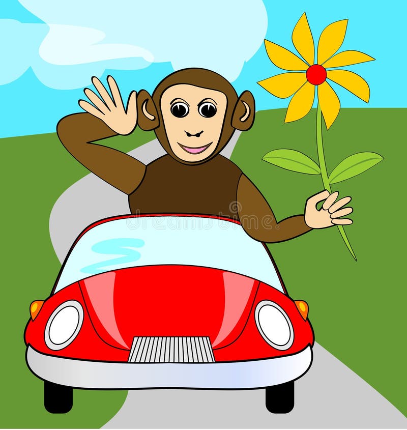 Het Beeldverhaal Van De Aap Aap in Rode Hoed Op Rode Onbenullig Aap Die ...