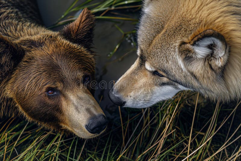 In the Grass, a Bear and a Wolf are Observing Each Other Stock Image ...