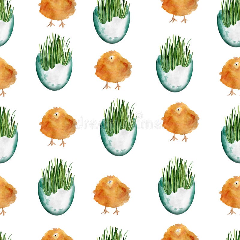 Grass in Blue Egg Shell and Chick Watercolor Seamless Pattern Stock ...
