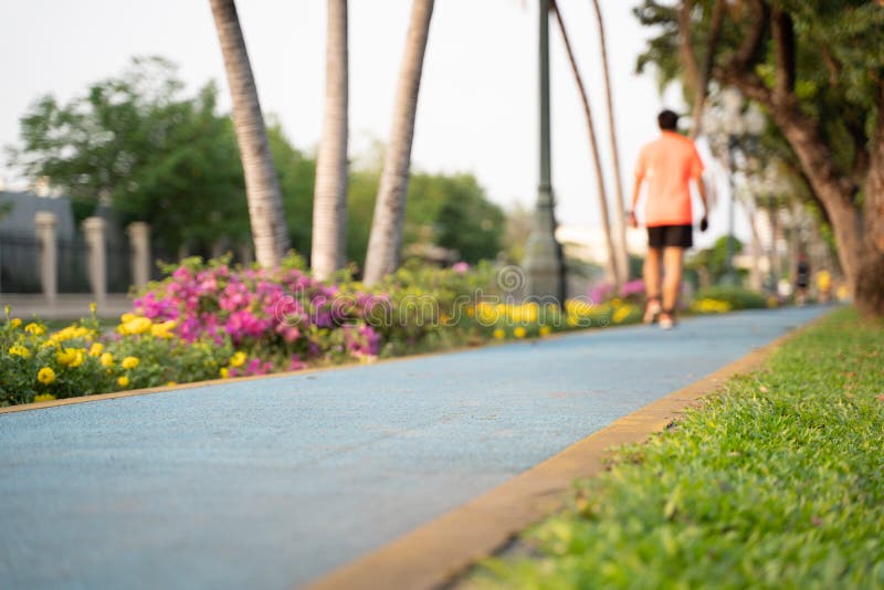 Grass and Concrete Lane in the Park with People Jogging in Background ...