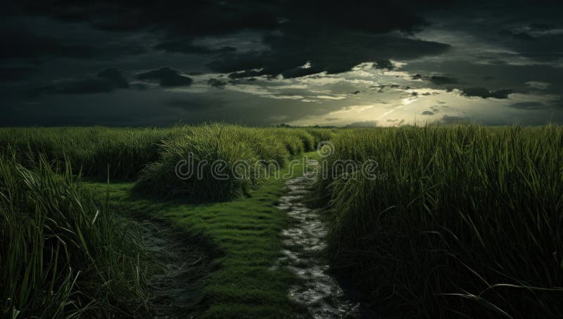 A Grass Covered Path Lead in the Field, Stock Image - Image of cloudy ...