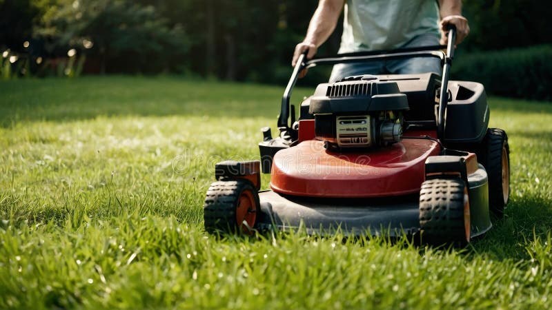 Grass Cutting: Engine-Powered Lawnmower in Summer Yard Stock ...
