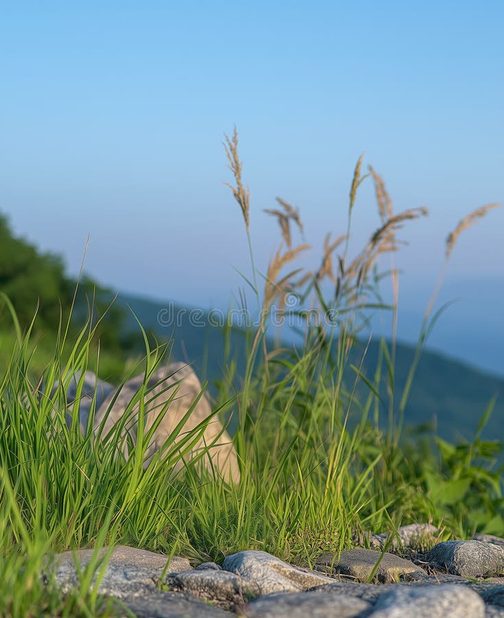 Grass on the Edge of the Cliff with Blue Sky in the Background Stock ...