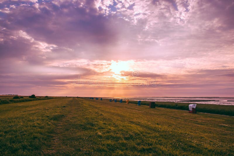 Grass Field at the Coast of an Ocean during Sunset Stock Image - Image ...
