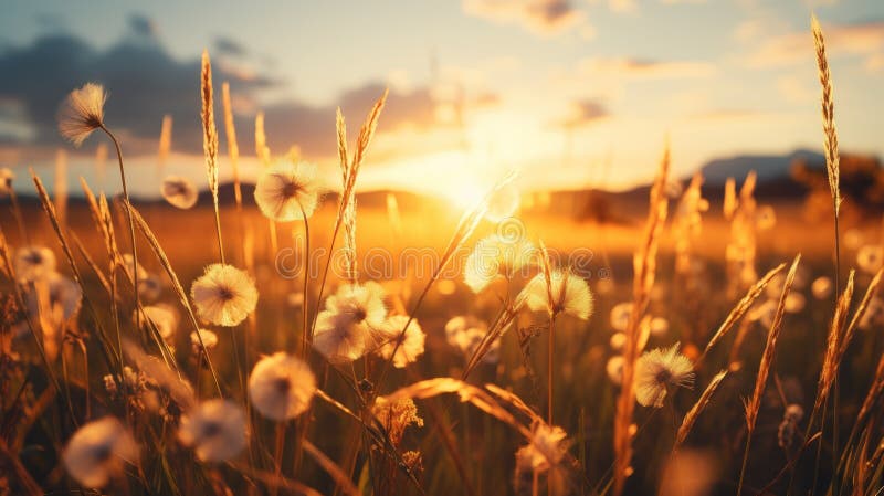 Grass Field Flower on Sunset Sky in Golden Hour Stock Illustration ...