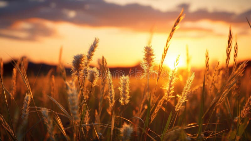 Grass Field Flower on Sunset Sky in Golden Hour Stock Illustration ...