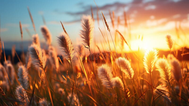 Grass Field Flower on Sunset Sky in Golden Hour Stock Illustration ...