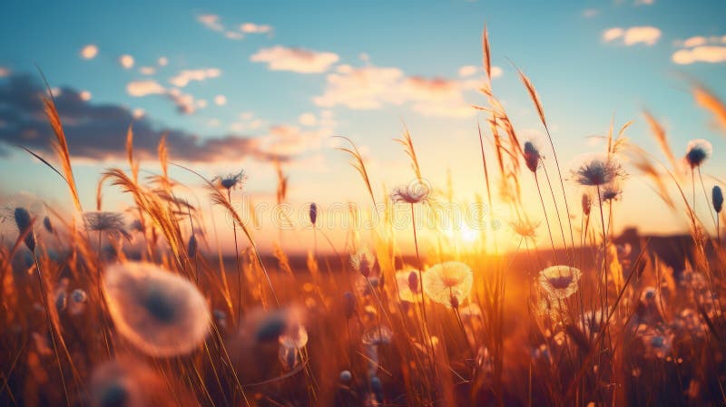 Grass Field Flower on Sunset Sky in Golden Hour Stock Illustration ...