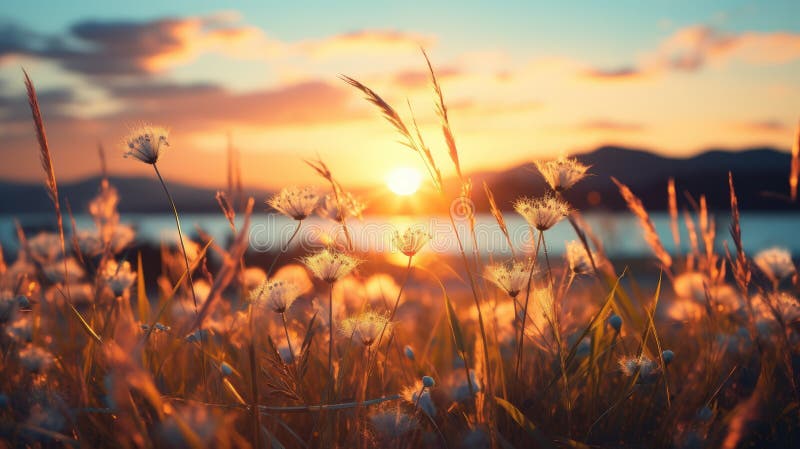 Grass Field Flower on Sunset Sky in Golden Hour Stock Illustration ...