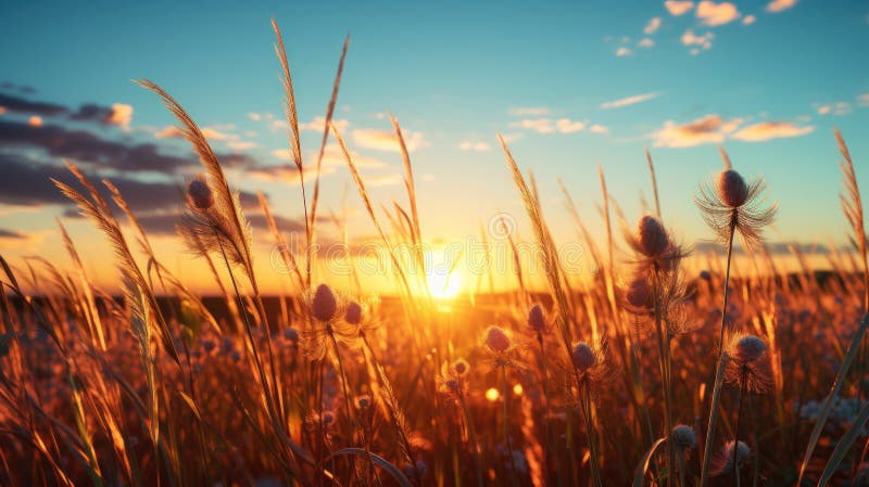 Grass Field Flower on Sunset Sky in Golden Hour Stock Illustration ...