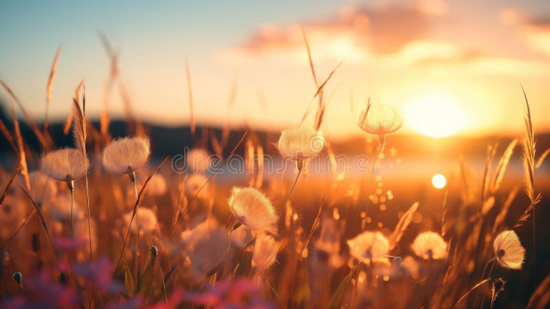 Grass Field Flower on Sunset Sky in Golden Hour Stock Illustration ...