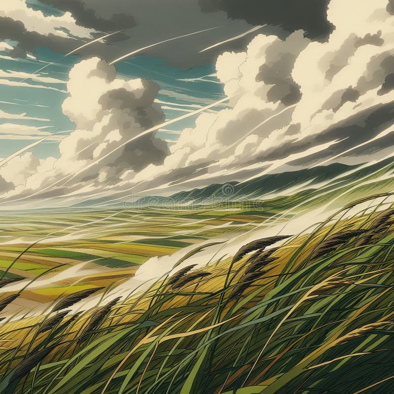 Grass Fields and Stormy Sky Stock Illustration - Illustration of ...