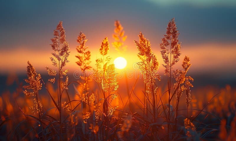 Grass and Flowers in the Rays of the Rising Sun Stock Photo - Image of ...