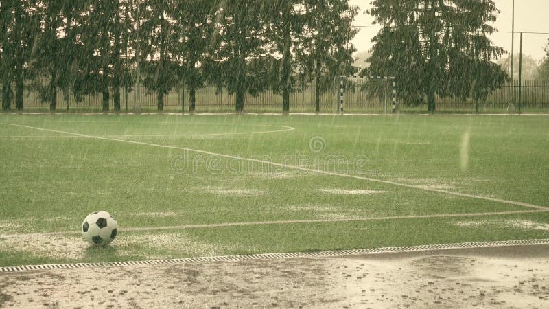 Artificial Grass Football Field. Stopped Match in Heavy Rain Stock ...