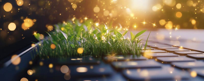 Grass Growing on Computer Keyboard with Golden Light, Nature and ...