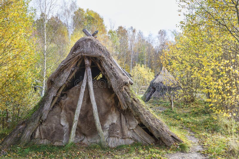 Grass Hut in the Forest in Autumn Stock Image - Image of thatch ...