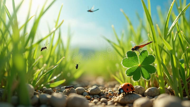 Grass, Insects, Clover, and Rocks in a Field Stock Illustration ...