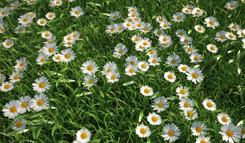 Grass Meadow, Bird Eye View, Plenty Of Daisy Flowers. Stock ...
