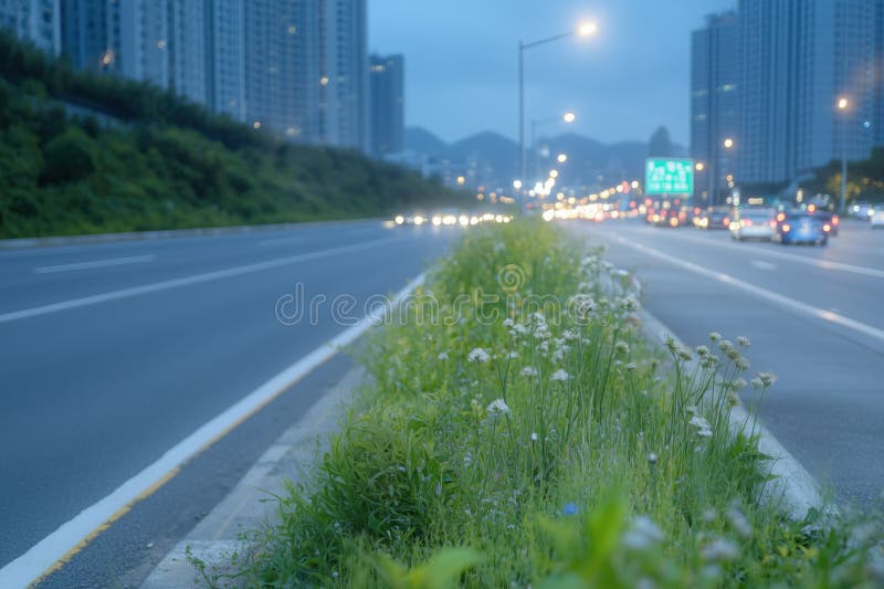 Grass Median Strip on the Road at Night in Modern City Stock ...