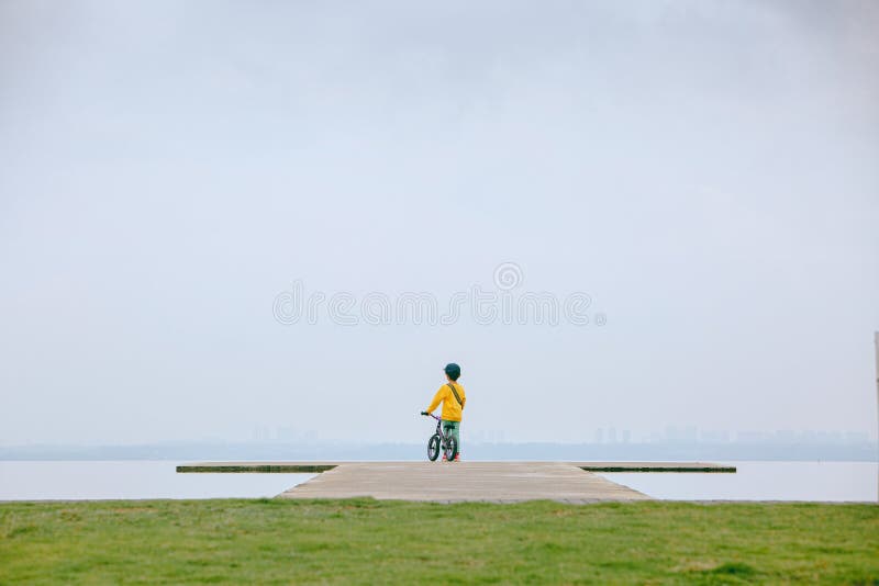In the Distance on the Grass is the Back View of a Boy Pushing a ...