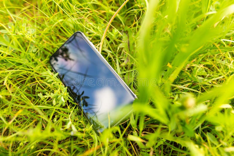 Grass in Reflection of a Cell Phone in Nature Stock Photo - Image of ...