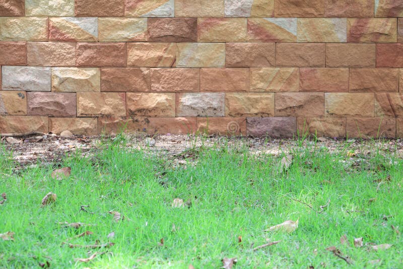 Grass and Sandstone Brick Wall Texture Background Stock Image - Image ...