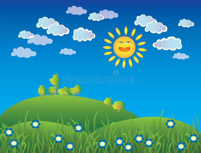 Grass and Sky with Clouds and Sun Stock Vector - Illustration of ...