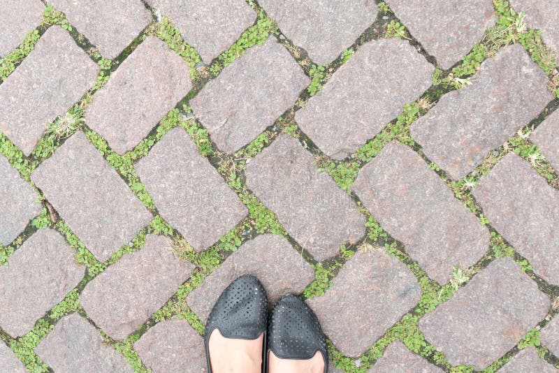 Grass Stone Floor Texture Pavement Design and Woman S Feet. Stock Photo ...