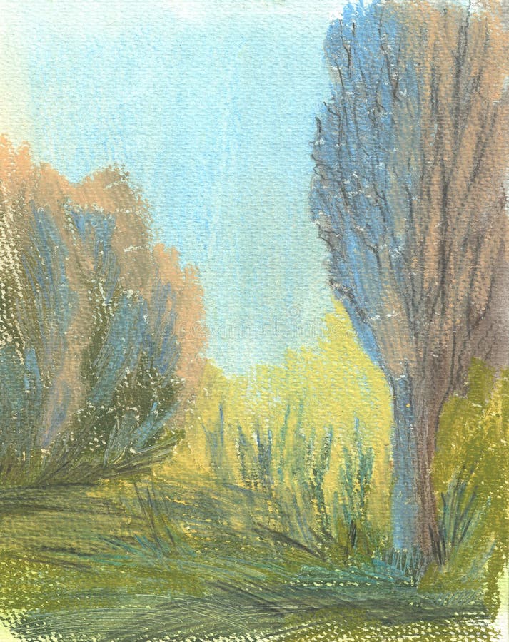 Grass and Trees Pastel Drawing, Summer Landscape Stock Photo - Image of ...