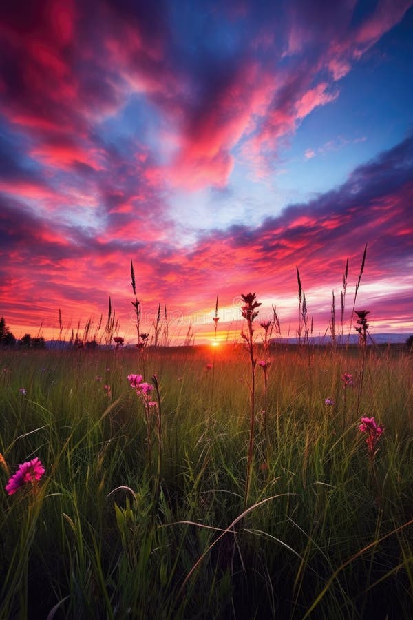 Grass and Wildflowers Under a Dreamy Sunset Sky Stock Illustration ...