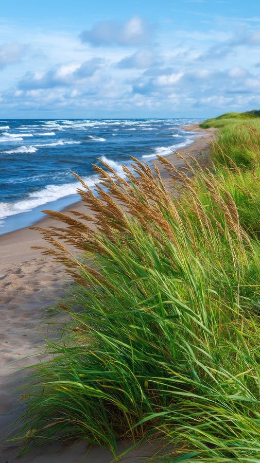 Grasses Blowing on Windy Beach Near Ocean with Waves and Blue Sky Stock ...
