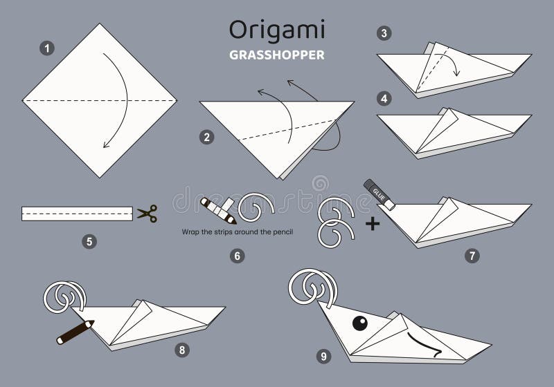 Origami Tutorial for Kids Origami Cute Grasshopper Stock Illustration ...