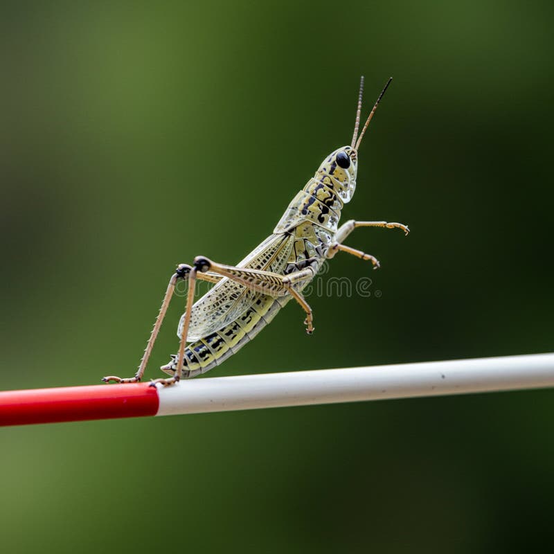 A Grasshopper is Perched on a Thin Rod with a Green Blurred Background. the Insect Stock ...