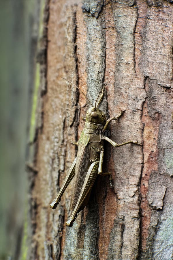 Grasshopper Perched on Tree Bark in a Natural Setting Showcasing ...