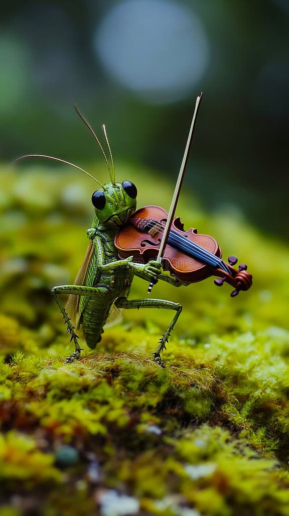 A Grasshopper Playing a Violin on a Moss Covered Ground Stock Photo ...