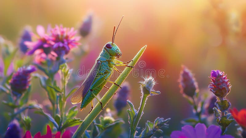 A Grasshopper Sits on a Stem among Many Beautiful Wild Flowers Stock ...